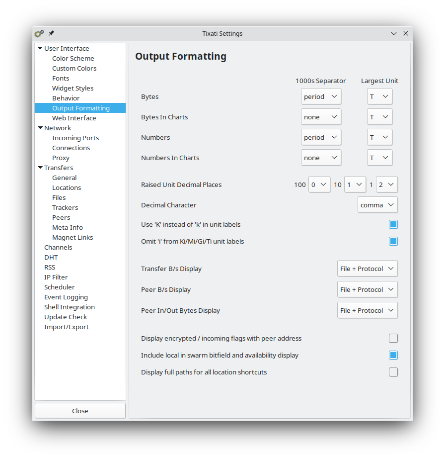 Settings User Interface Output Formatting Tixati 